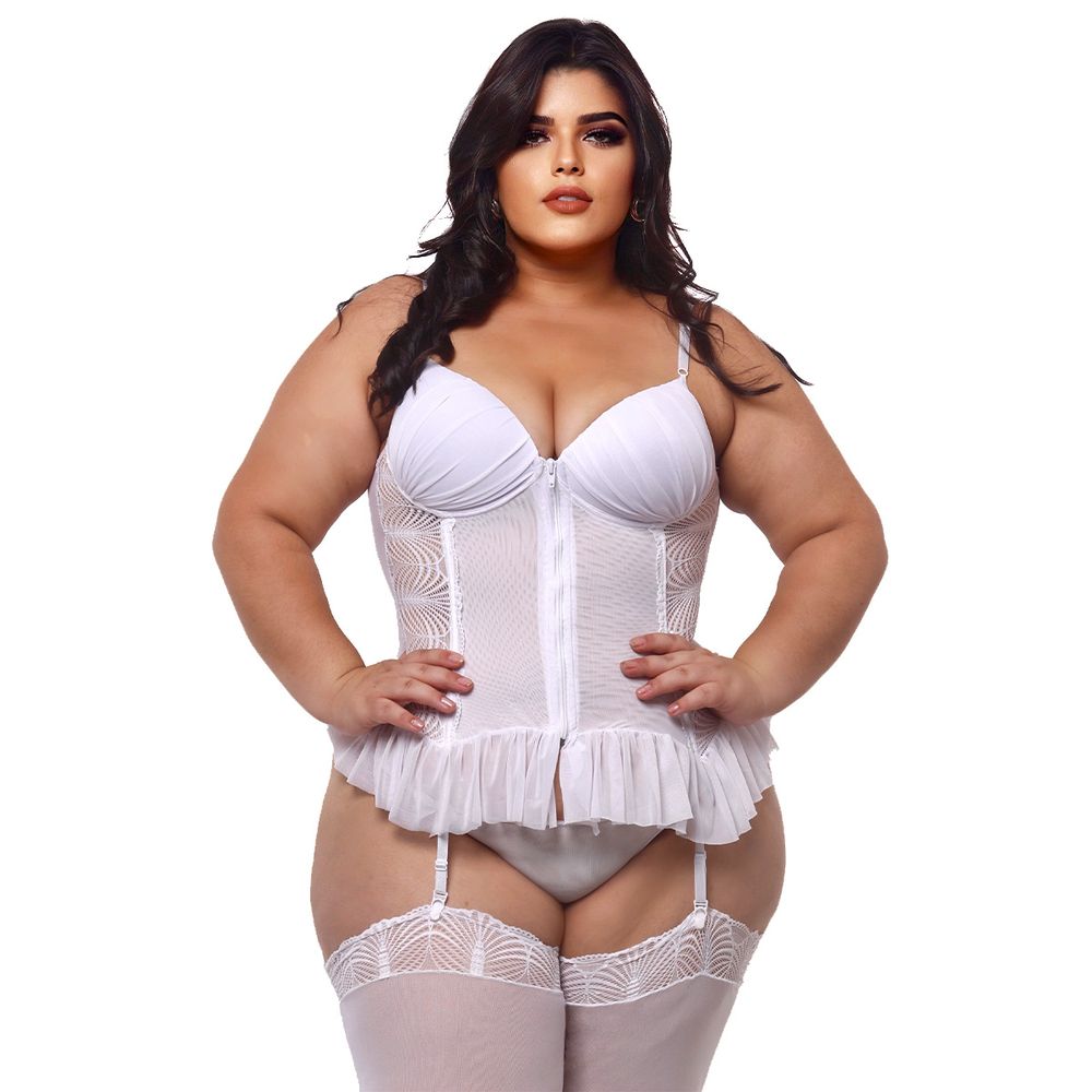 Espartilho Plus Size Em Tule Com Detalhes Em Renda E Zíper Frontal