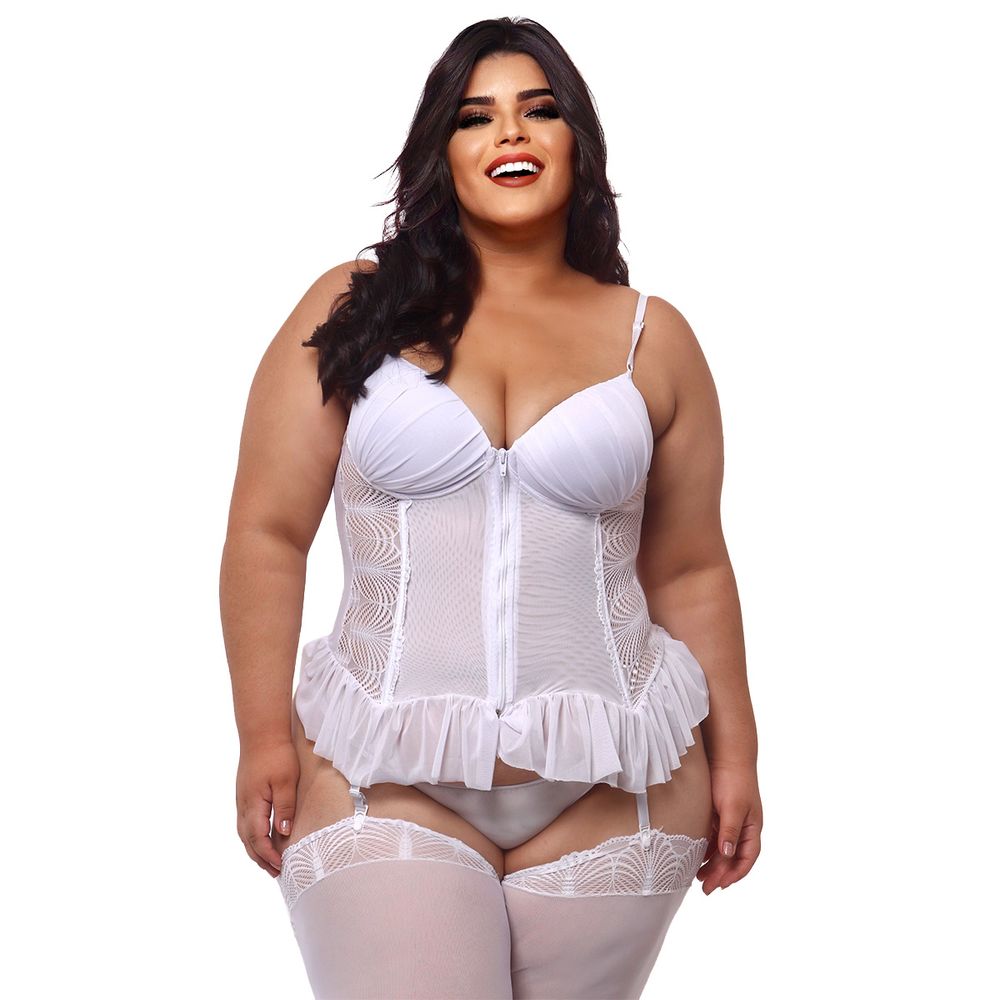 Espartilho Plus Size Em Tule Com Detalhes Em Renda E Zíper Frontal