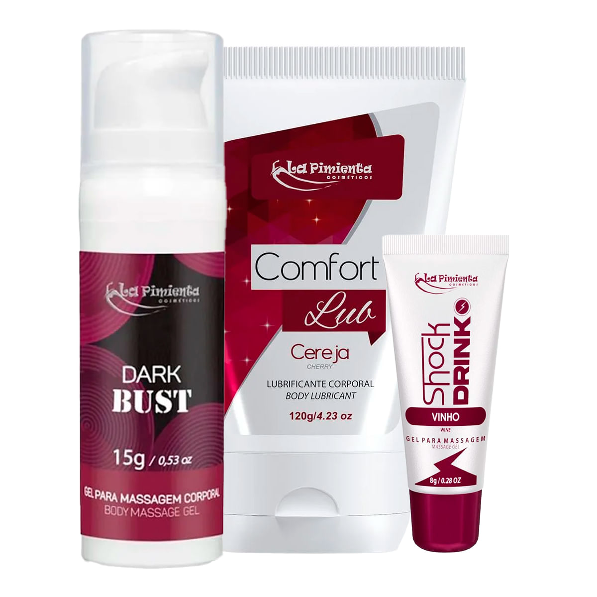 Kit Promocional com Comfort Lub Cereja, Dark Bust e Shock Drink Vinho